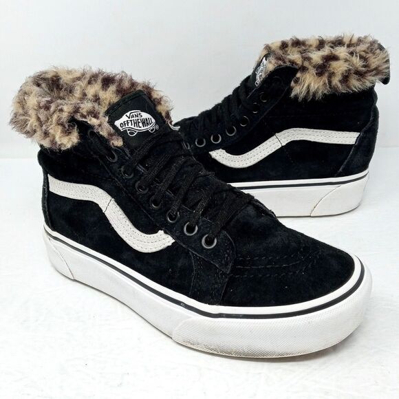 Vans | Shoes | Vans Sk8hi Black Leopard Fur Lined Suede Sneakers Size ...